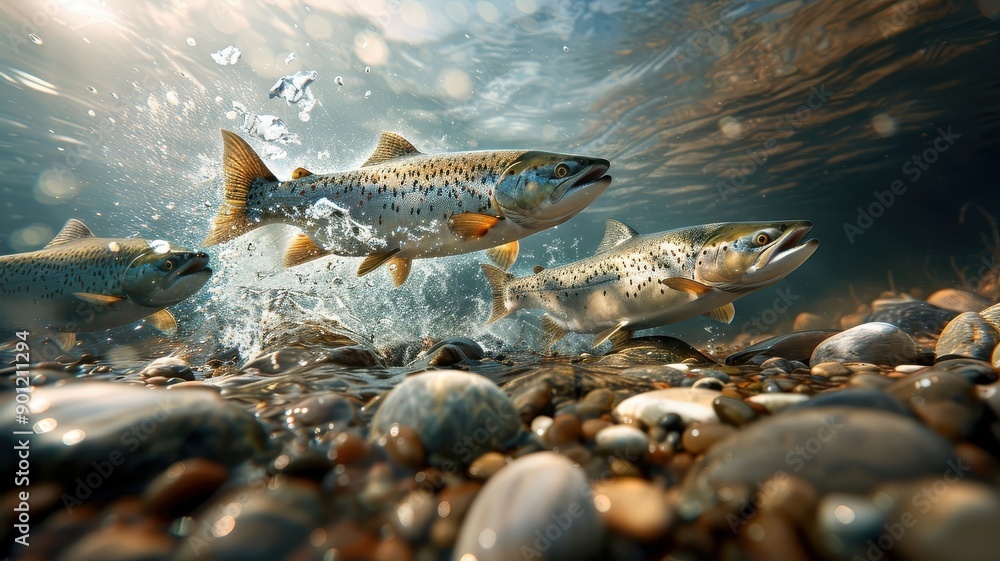 Salmon spawning in riverbed, eggs in gravel nests, fish actively ...