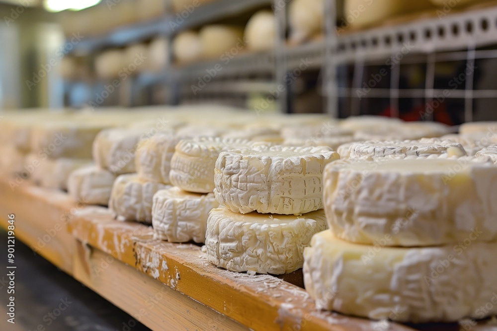 Rows of freshly made goat cheese wheels aging on wooden shelves in a ...