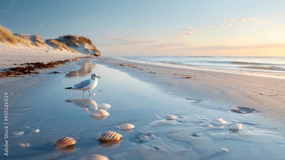 ภาพประกอบสต็อก At dawn, a seagull’s reflection is captured in tide ...
