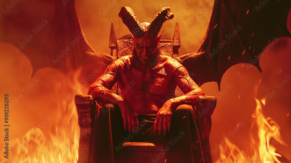 A red-skinned demon sitting on a throne in a fiery environment. Stock ...