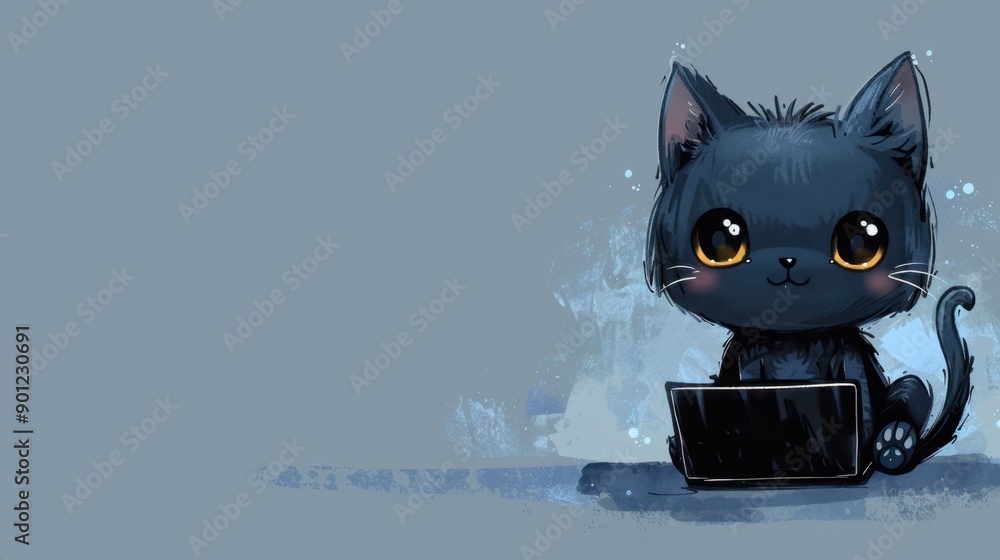 Cute digital illustration of a black cat with big eyes sitting by a ...
