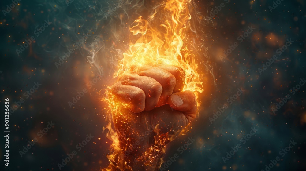 explosion of the fire hand of the person A fist that represents ...