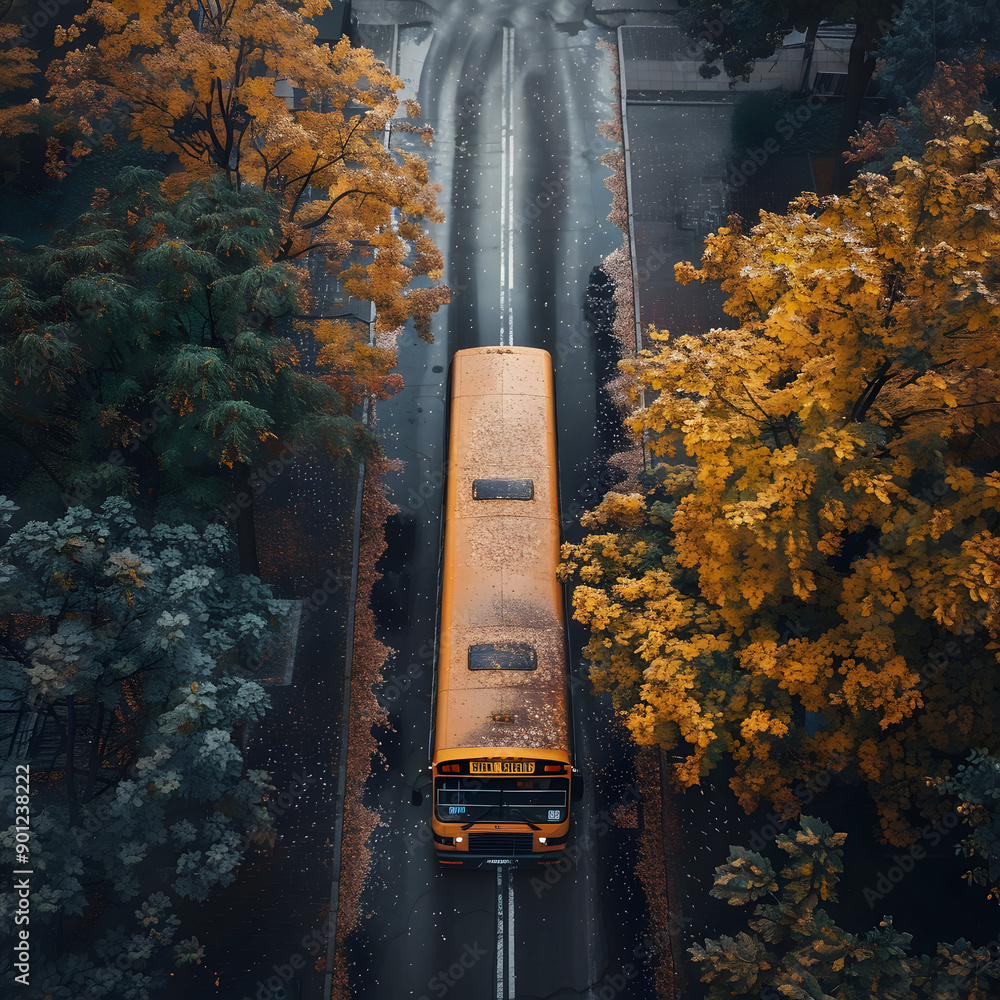 Aerial view of School bus in the street in autumn countryside. Back to ...
