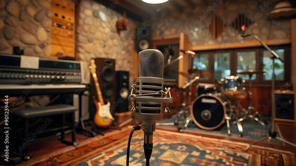 A cozy recording studio featuring a central microphone, drum set ...