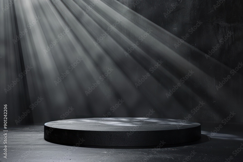 Black abstract table stage with light beams and shadows, empty stage ...