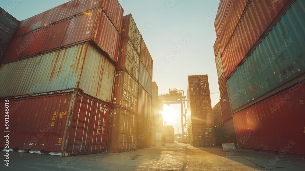 Dramatic industrial scene of stacked shipping containers under a clear ...