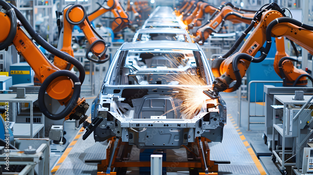 Robotic arms performing welding tasks on car bodies in a high-tech ...