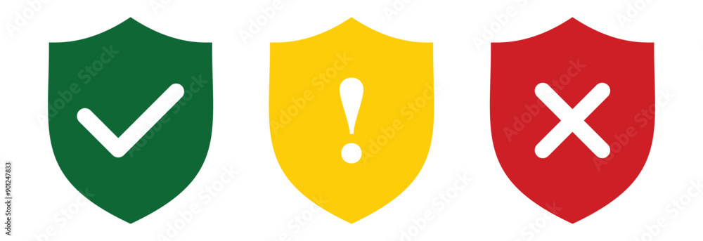 safe caution and unsafe icon set. green yellow and red shield with tick ...