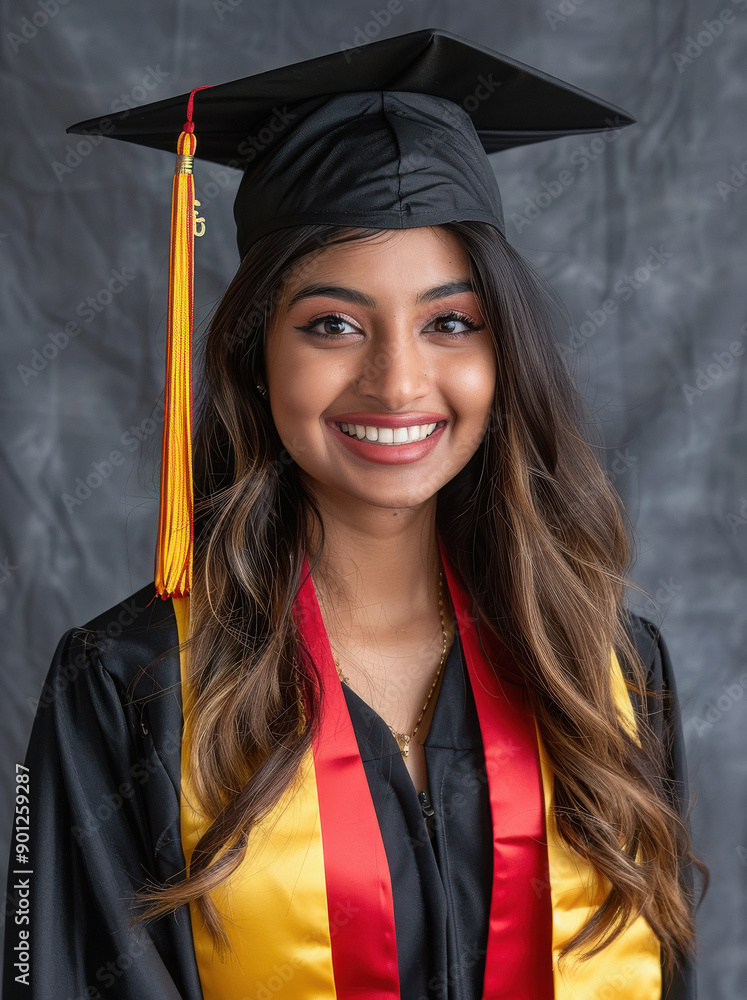 young indian woman wearing a black graduation cap and gown Stock Photo ...