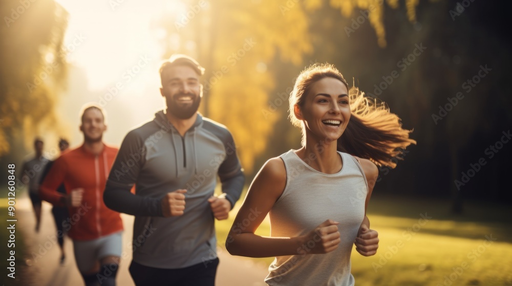 Running people. Happy Healthy group middle aged. Friends running ...