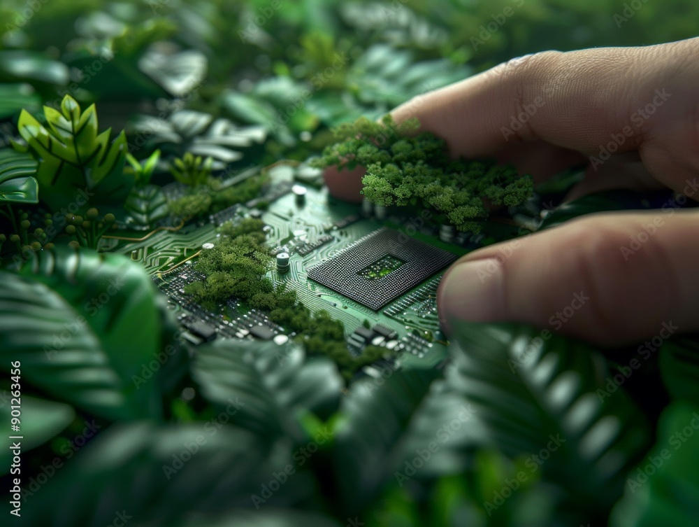 Nature reclaiming a microchip-covered terrain, symbolizing green ...