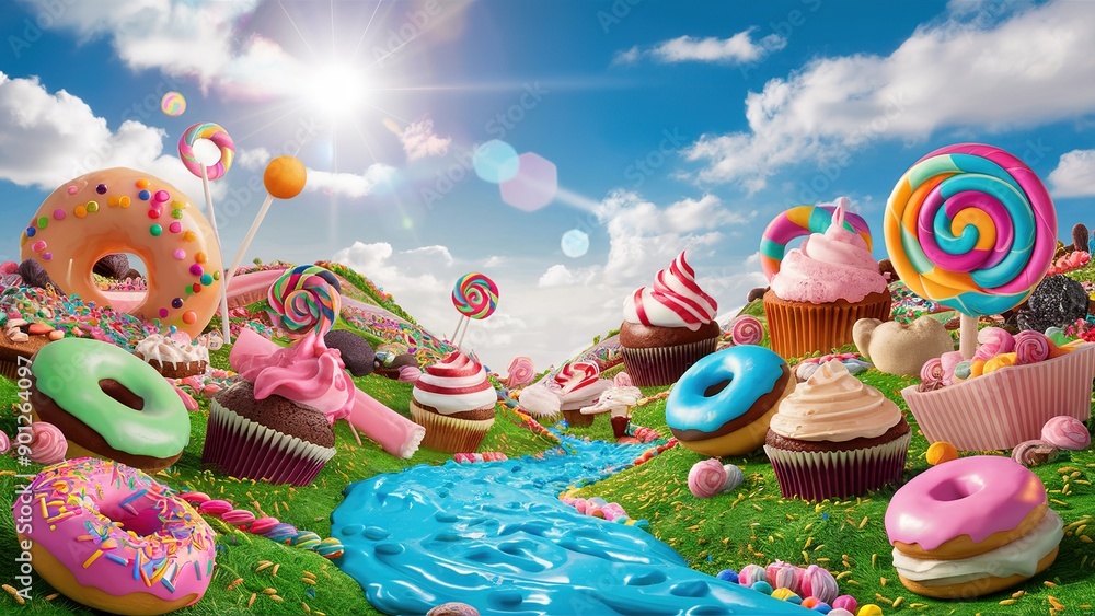 Fantasy candy land with colorful sweets and landscape. castle in the ...