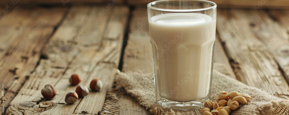 Nut milk in a glass, placed on a rustic wooden background with ...