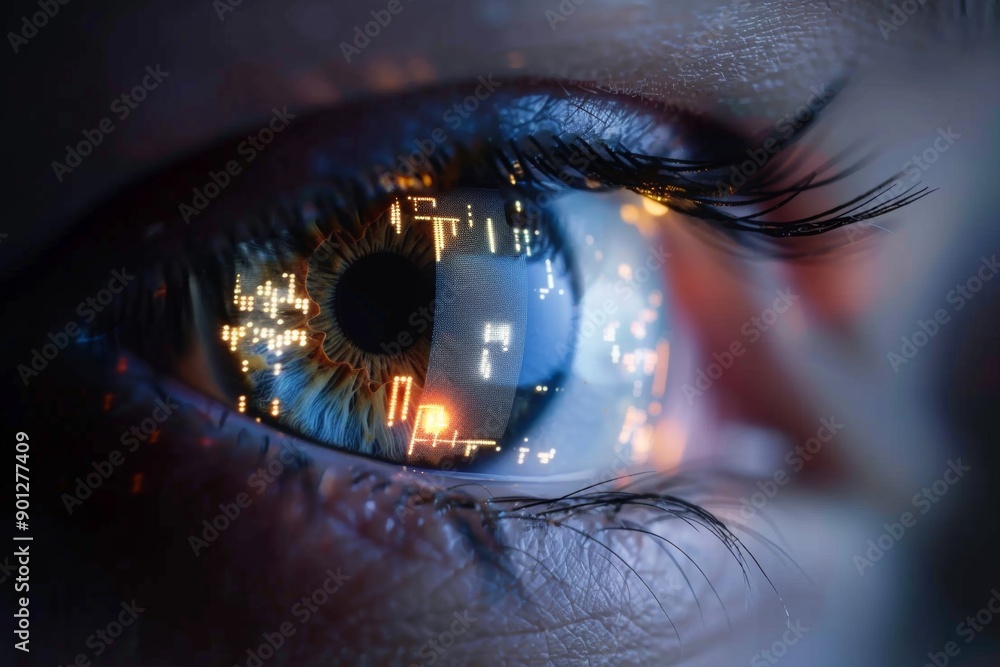 The human eye with a microchip iris embodies vision technology by integrating advanced tech ...