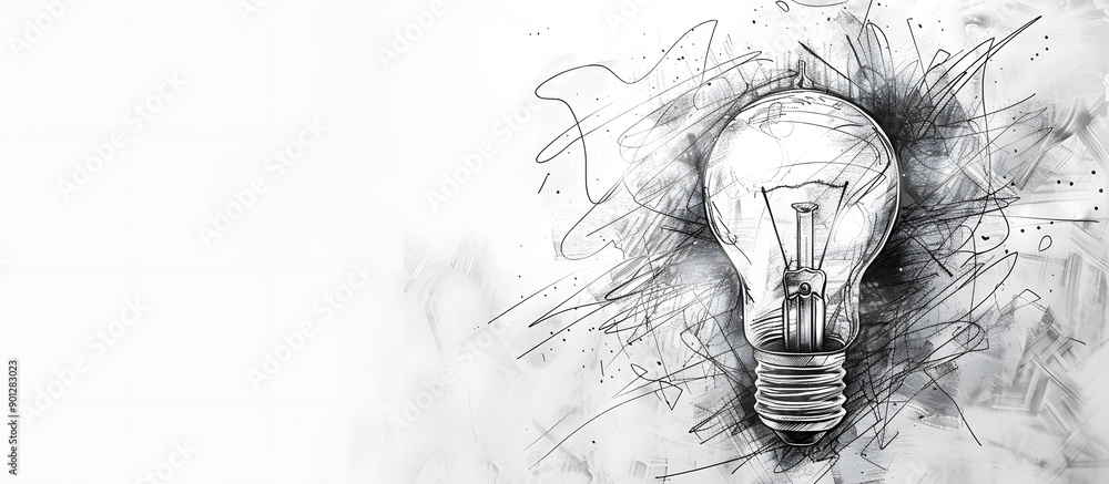 Abstract light bulb pencil sketch on white background with mock up ...