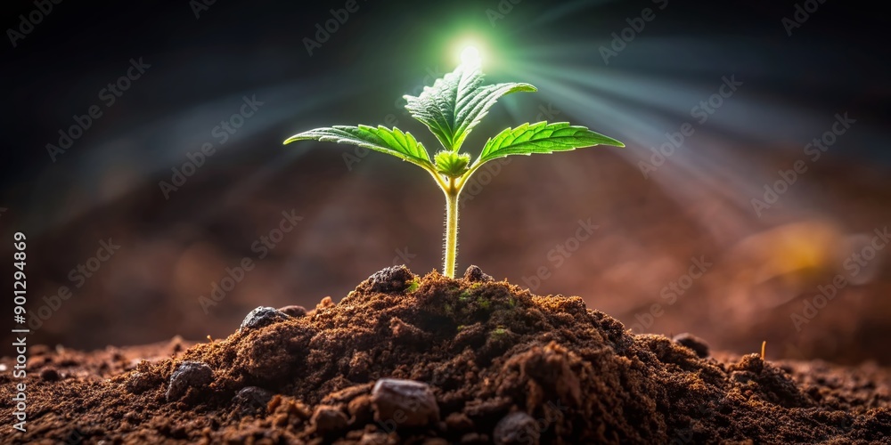 A tiny germinated cannabis seedling emerges from the soil, its delicate ...