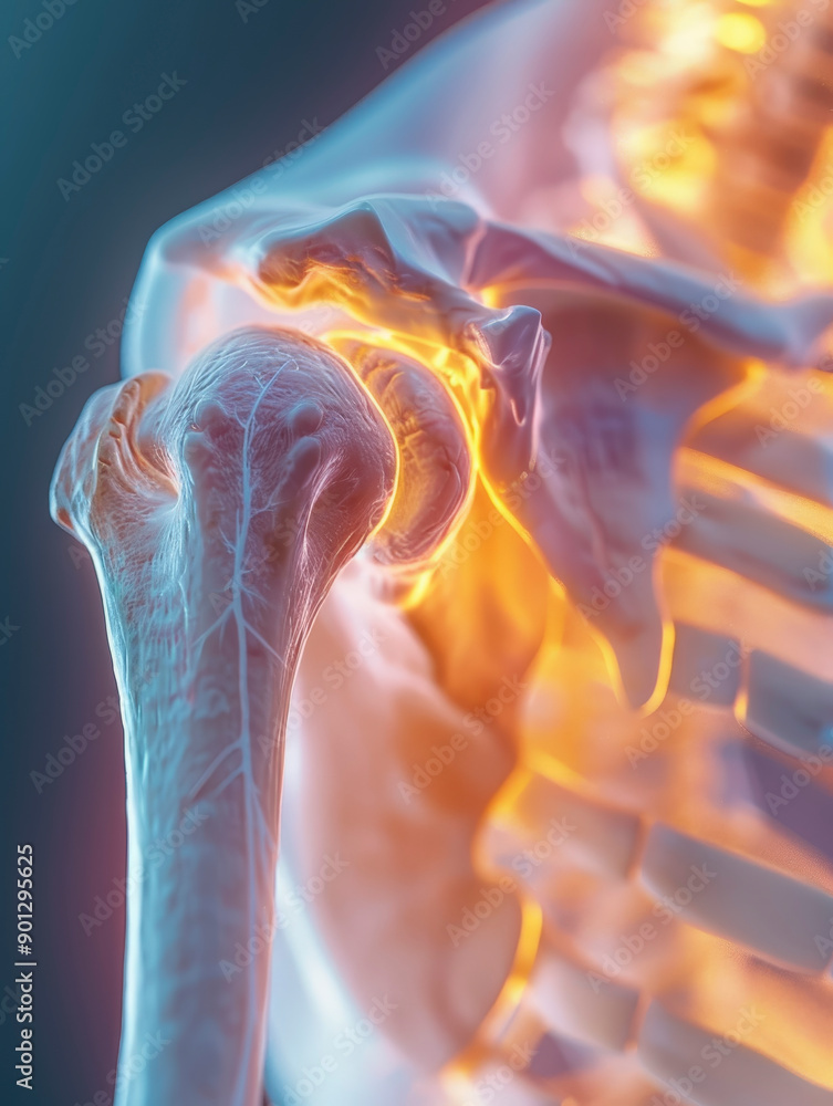 This image depicts a detailed, illuminated view of a human shoulder ...