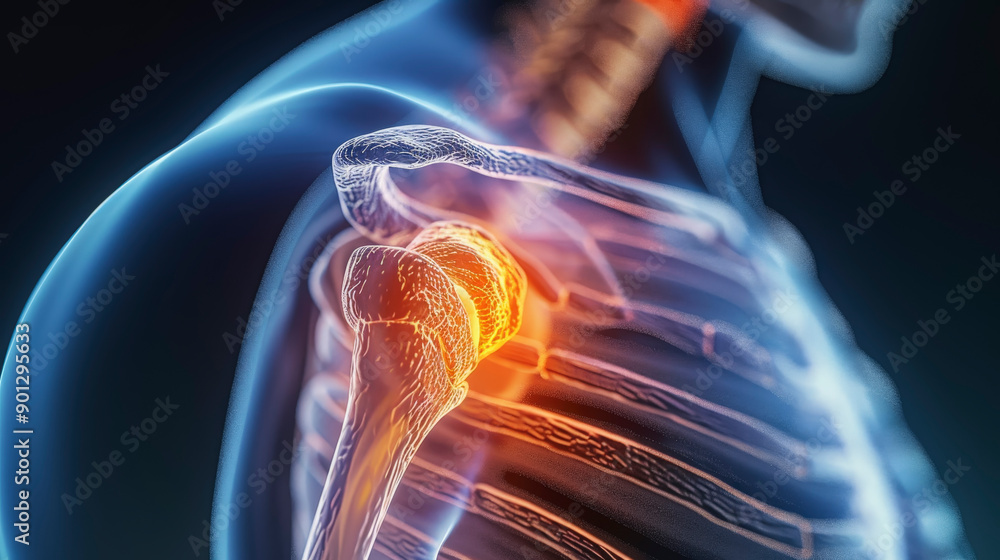A detailed anatomical illustration showing the human shoulder joint ...