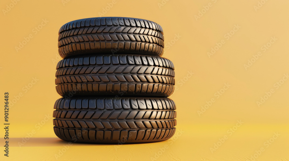 Three stacked black car tires on a solid yellow background ...