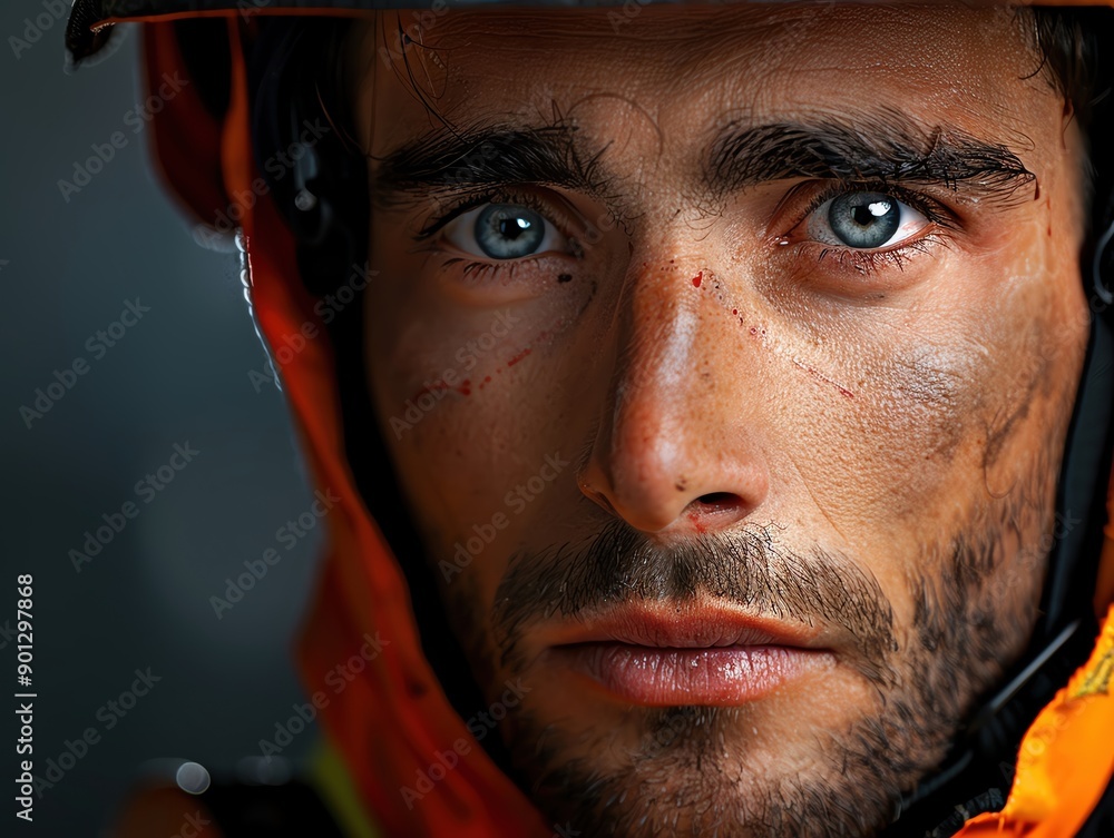 Detailed close-up of a firefighter s focused expression during training ...