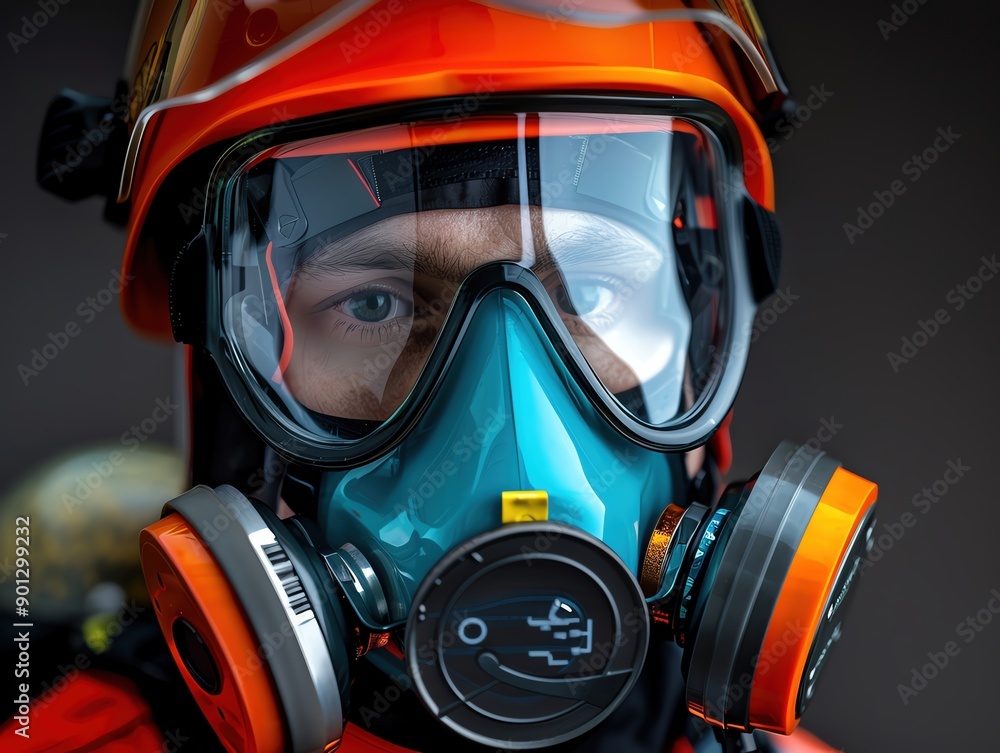 Detailed close-up of a firefighter s face shield and breathing mask ...