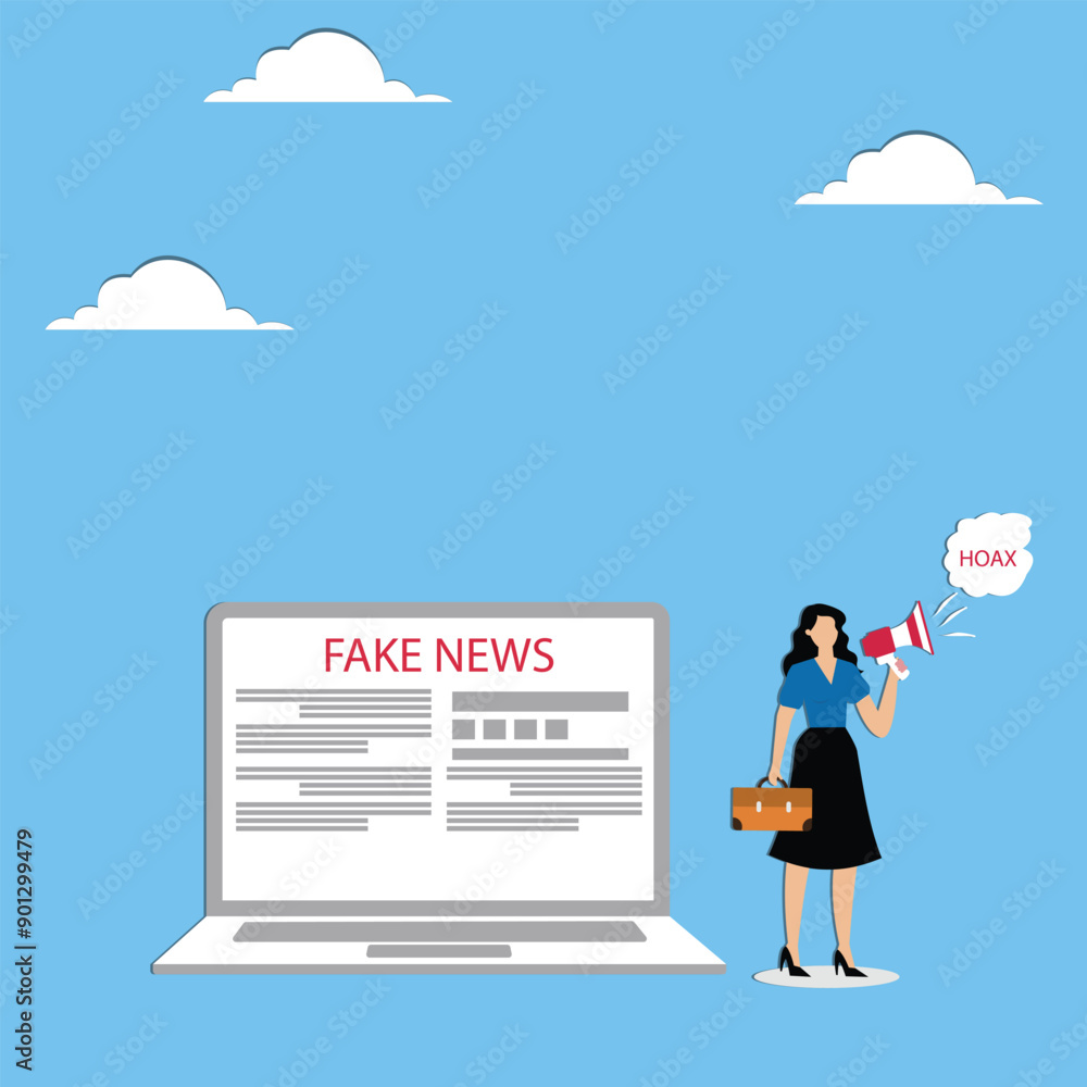 Businesswoman using megaphone conveying fake news or hoax on computer ...