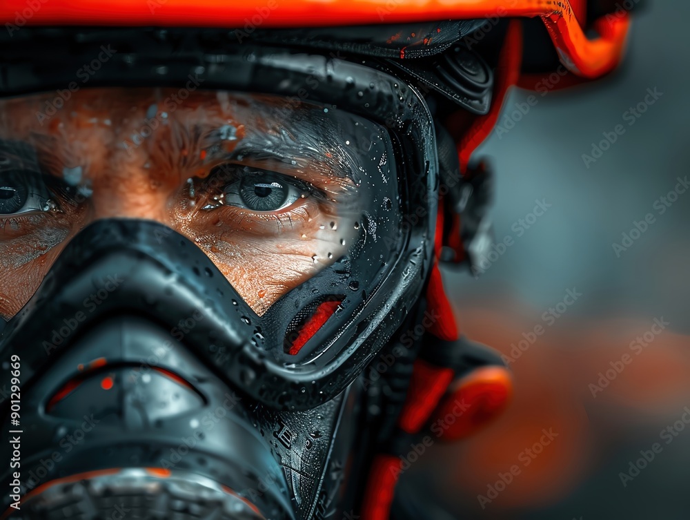 Detailed close-up of a firefighter s face shield and breathing mask ...