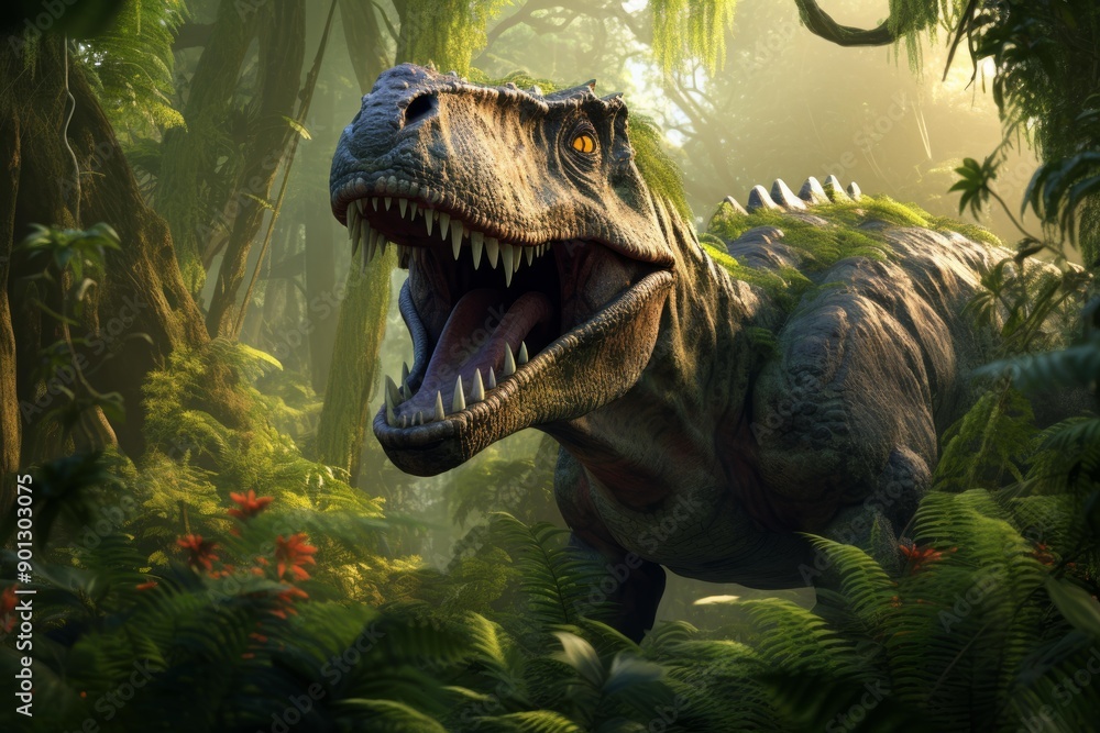 Realistic cg image of a t-rex growling amidst dense prehistoric foliage ...