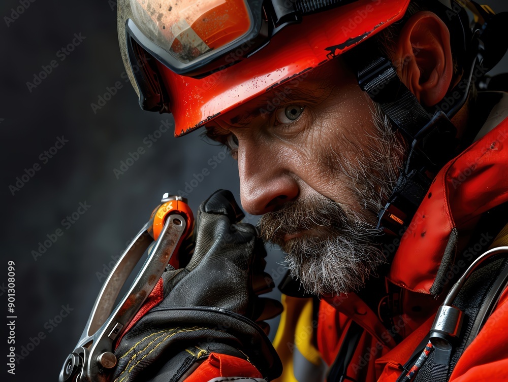 Dramatic portrait of a firefighter cleaning and servicing tools ...