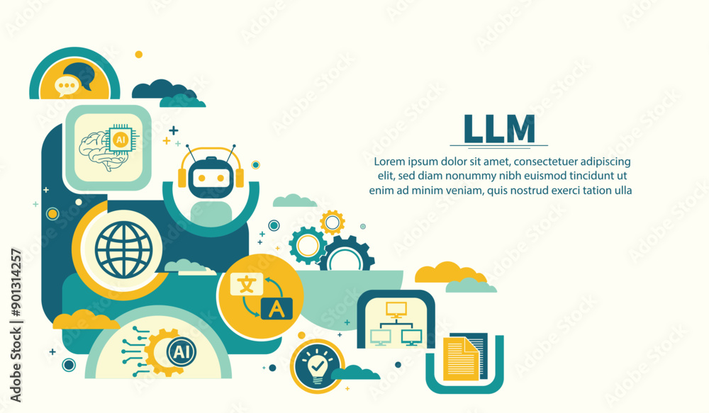 Vetor de The concept of LLM, AI Large Language Model with icons concept ...