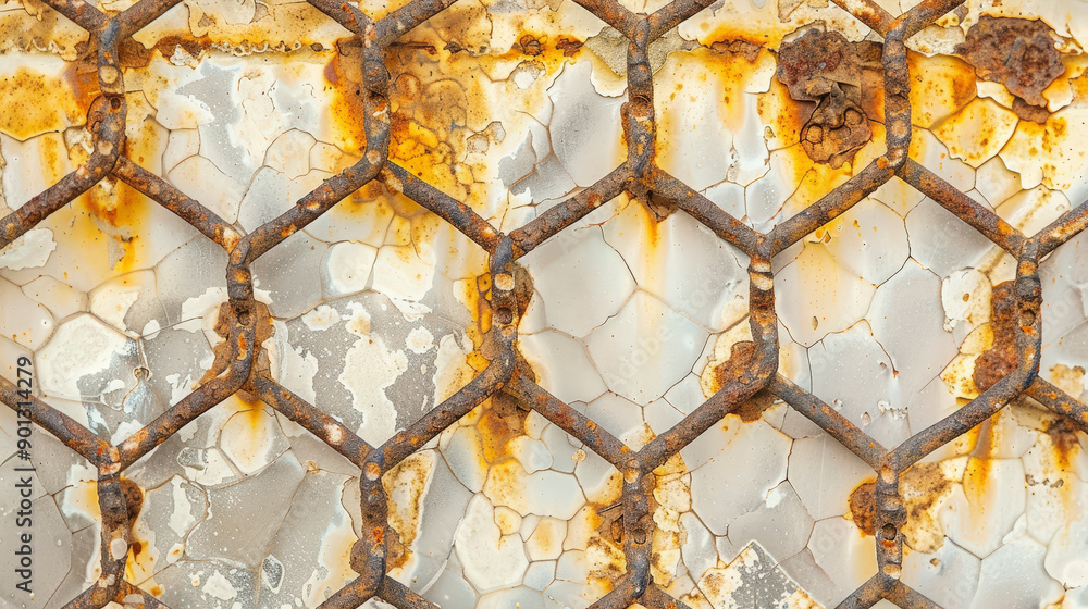 Foto de Rusty hexagonal wire mesh fencing against a cracked and peeling ...