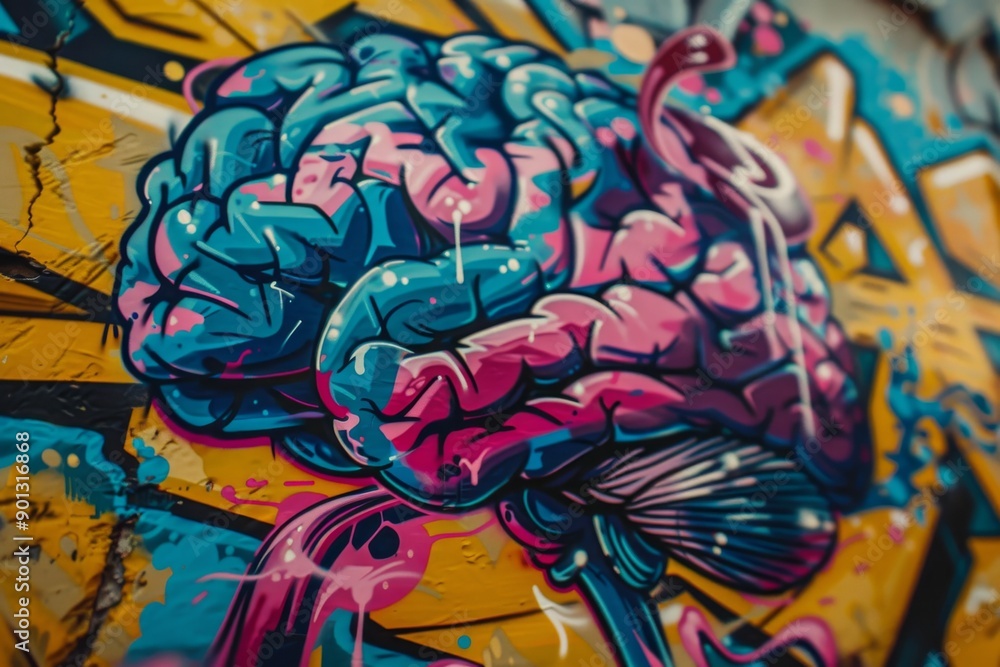 Graffiti style brain illustration on a colorful wall representing ...