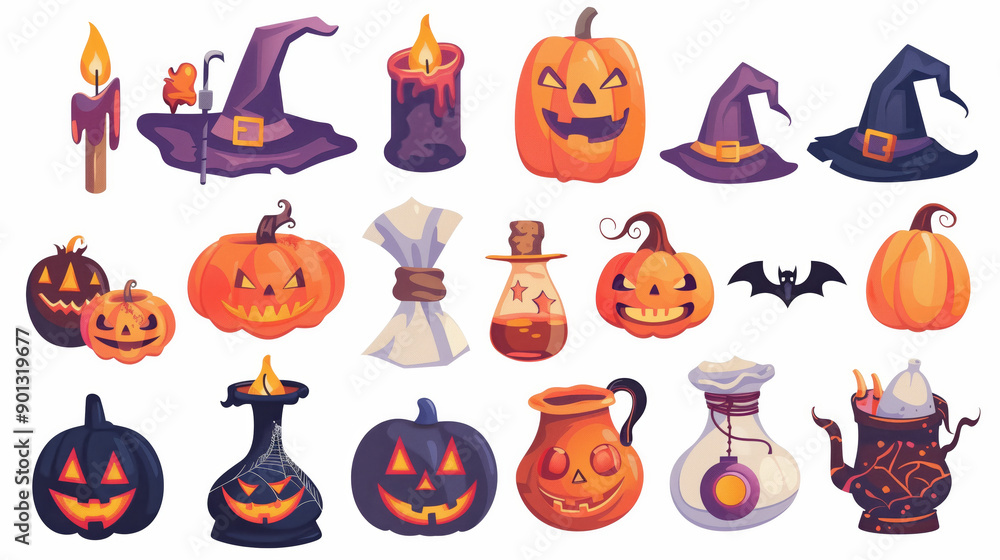 Halloween set of vector clipart cartoon funny illustrations with spooky ...