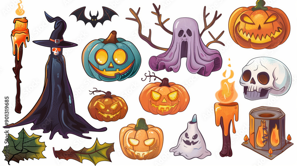 Halloween set of vector clipart cartoon funny illustrations with spooky ...