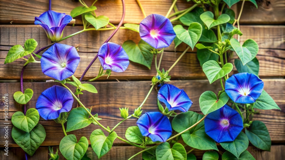 Delicate morning-glory vine with blue-violet trumpeted flowers and ...
