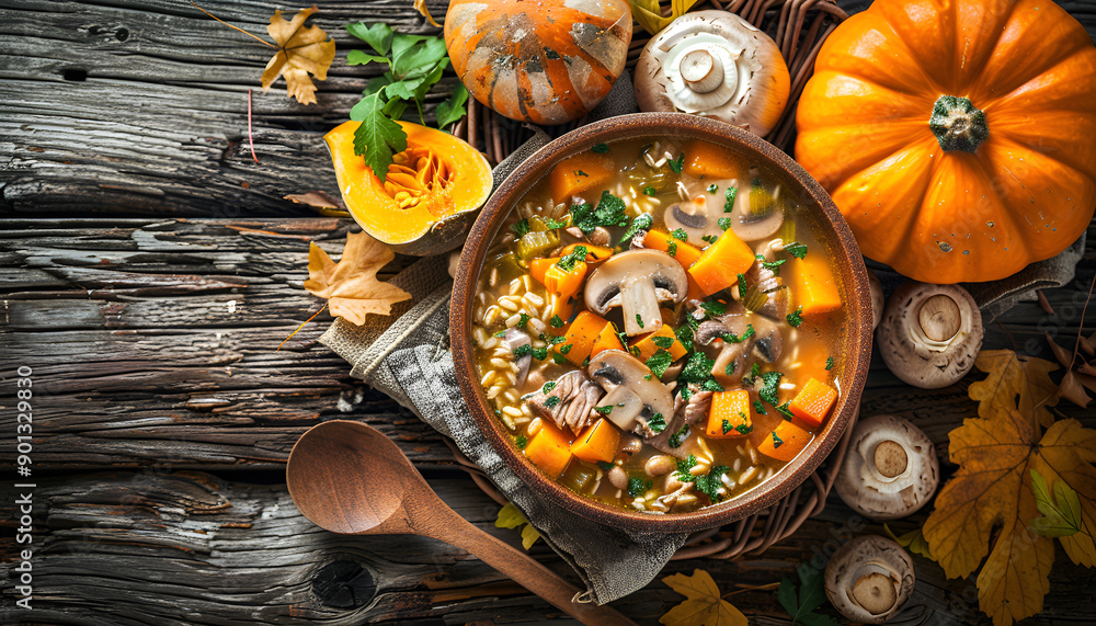 Autumn food. Warming soup with pumpkin, mushrooms, vegetables, beef and ...