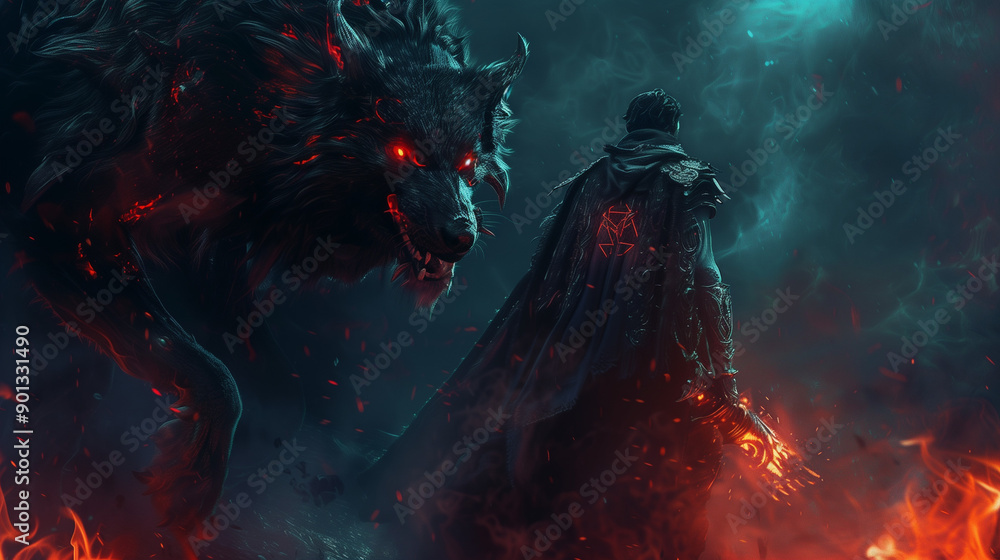 Demon master with hellhound by their side, fiery red-eyed muscular ...