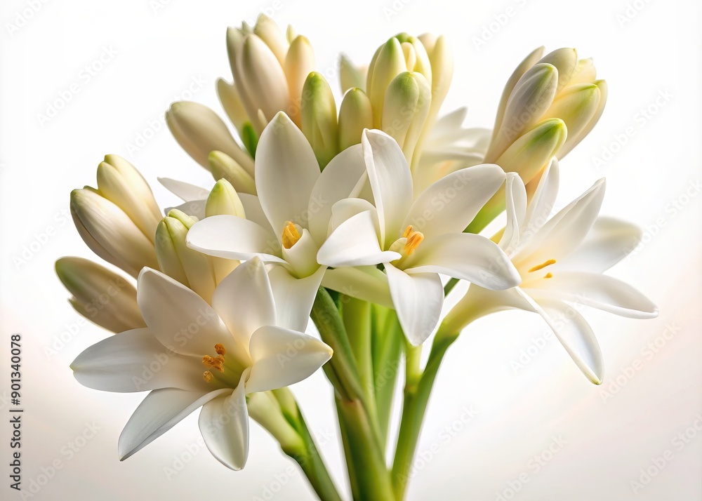 Delicate tuberose flower with creamy white petals and golden anthers ...