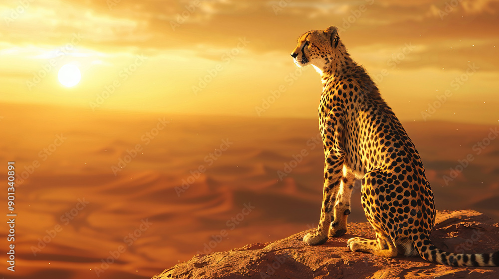 cheetah full body isolated on savanna background with soft glow of the ...
