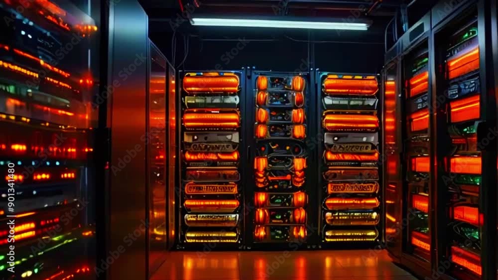 The video shows a server room with rows of tall black server racks, lit ...