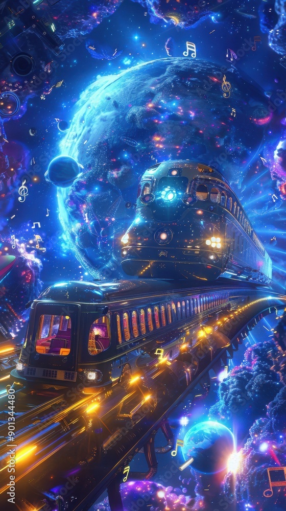 New bus arriving at a space station, cosmic style with stars and ...