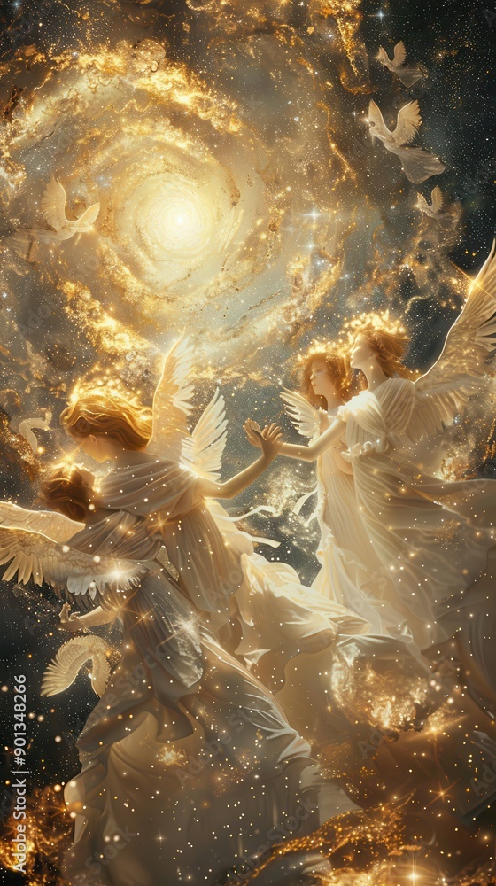 Group of celestial angels waving hands in farewell with love, cosmic ...
