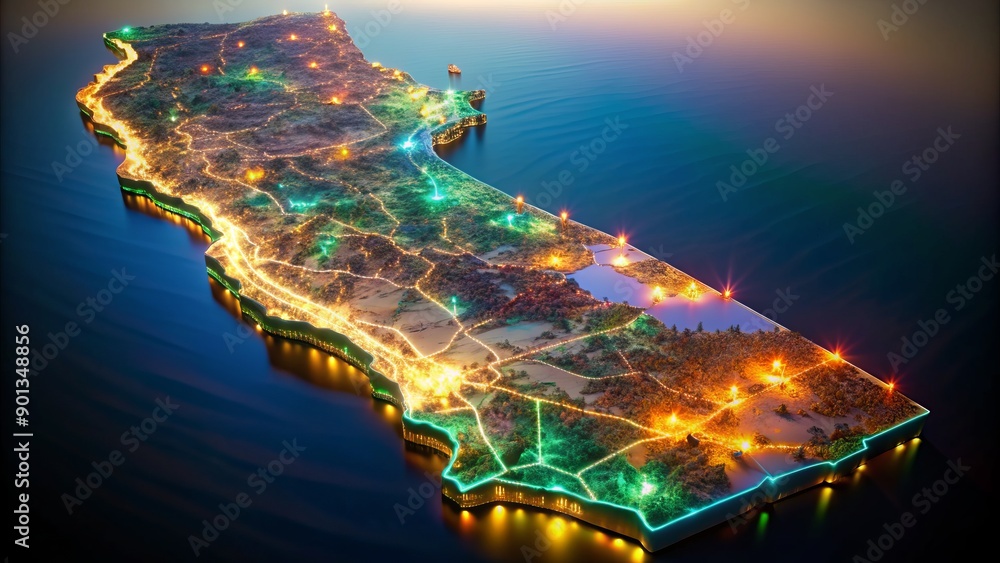 Colorful 3D map of California with notable cities, roads, and mountains ...