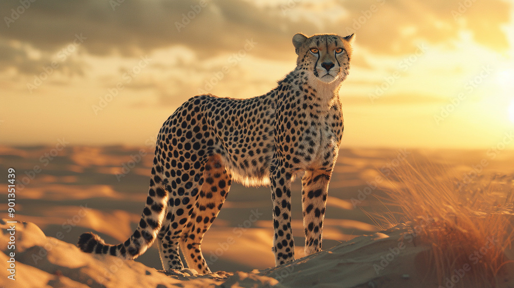 cheetah full body isolated on savanna background with soft glow of the ...