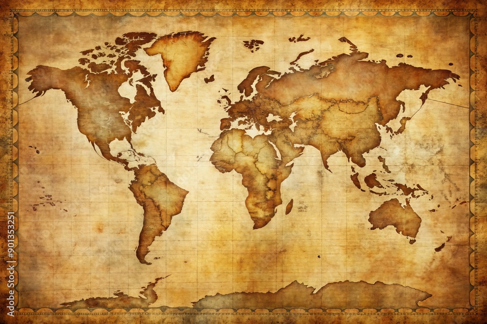 Aged, creased, and worn vintage world map with faded colors, yellowed ...