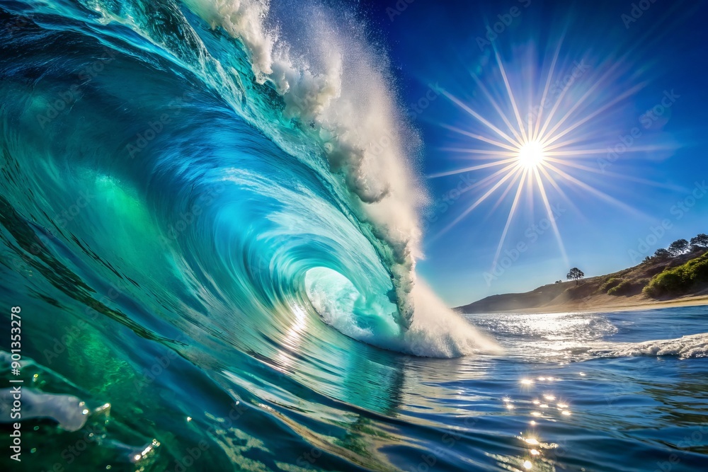 Turquoise-blue wave curls over, about to break, against a clear blue ...