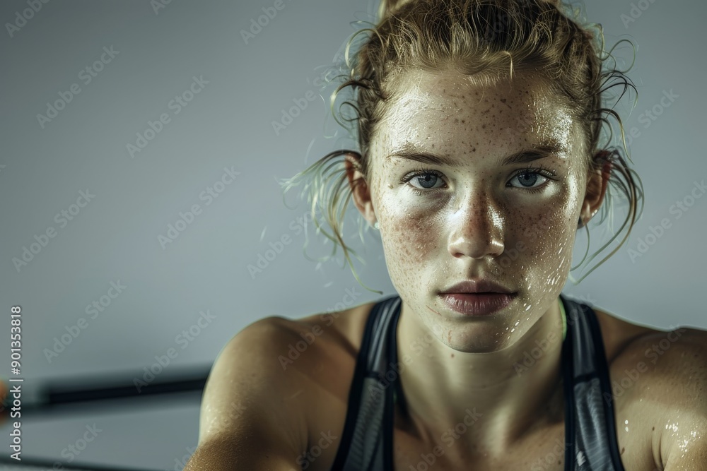 A sweaty red-haired woman in athletic attire stares intensely ahead ...