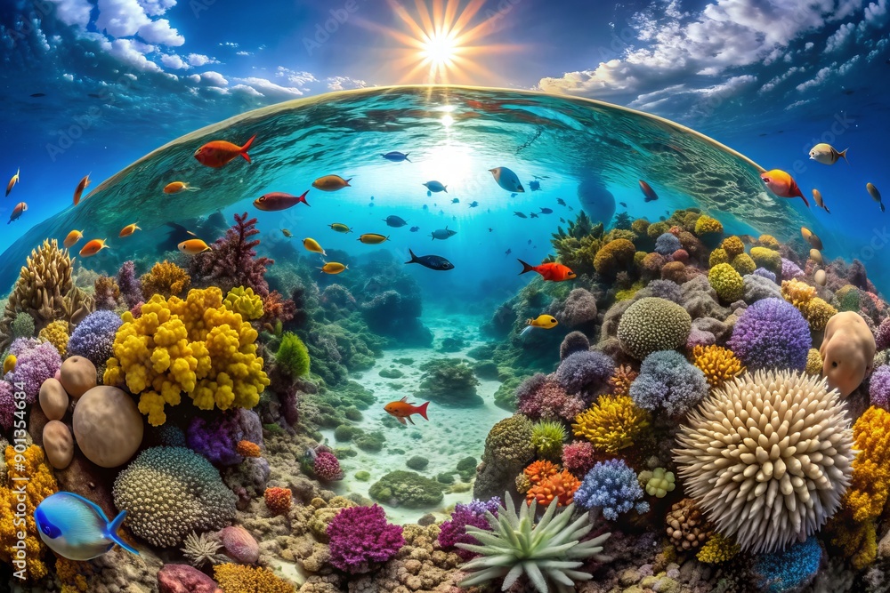Stunning 8K VR 360 spherical panorama of vibrant coral reef teeming ...