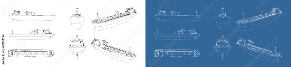 Set large cargo ship container outline vector. Blueprint wireframe line ...