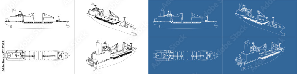 Set cargo ship Worldwide. Blueprint and wireframe mesh art ...